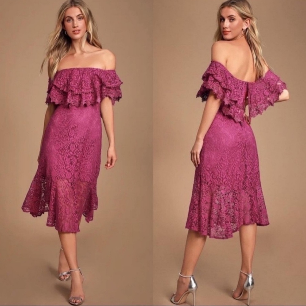 LULUS Jaclyn Magenta Lace Double-tiered Off-the-Shoul… - Gem